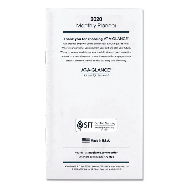 AT-A-GLANCE Pocket Size Monthly Planner Refill, 3 1/2 x 6 1/8, White ...