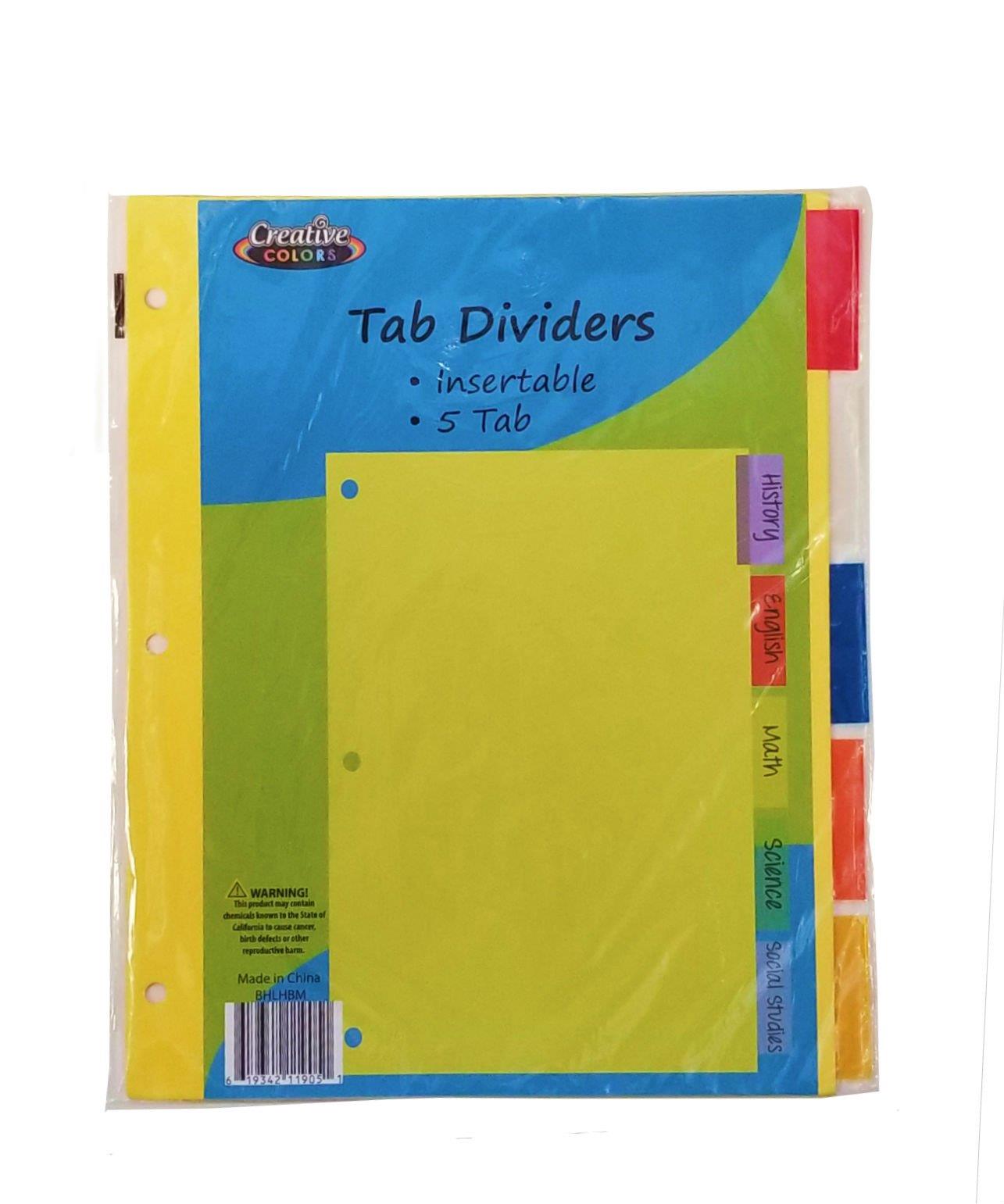 BULK Carton Index Dividers - 5 Tab - Assorted Color Insertable Tabs ...