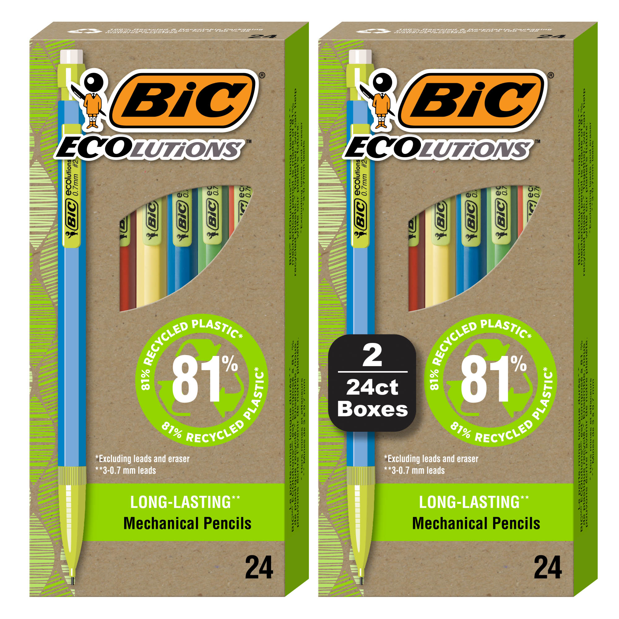 BIC Ecolutions Mechanical Pencils with Erasers With Colorful Barrel Medium Point 0.7mm 48 Count Pack Mechanical Pencils Made from 81 Recycled Plastic Excluding Leads and Erasers