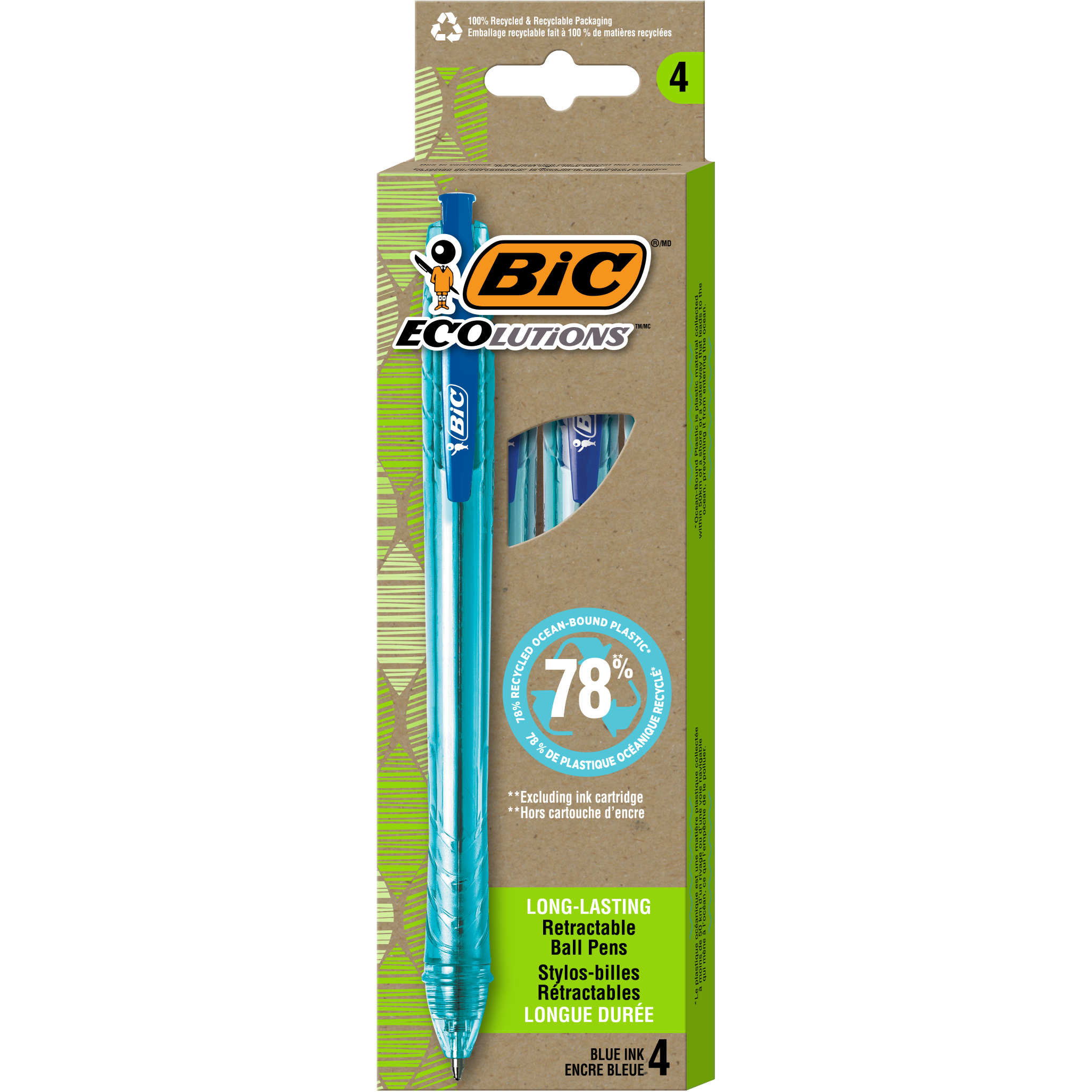 BIC Ecolutions Ocean-Bound Ball Pens, Medium Point (1.0mm), 4-Count Pack, Blue Ink Pens Made ...