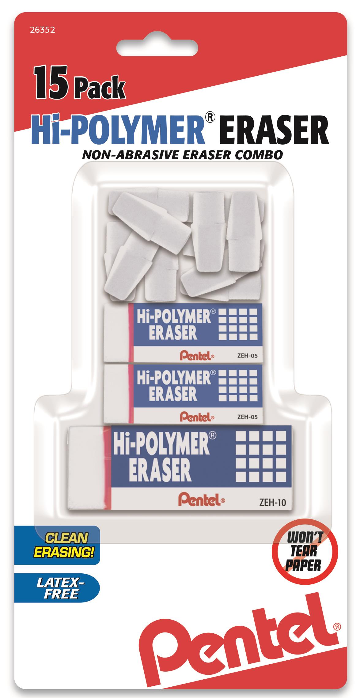 Hi-Polymer Eraser White Assorted Pack (2-small, 1-large, 12-caps),15-Pk