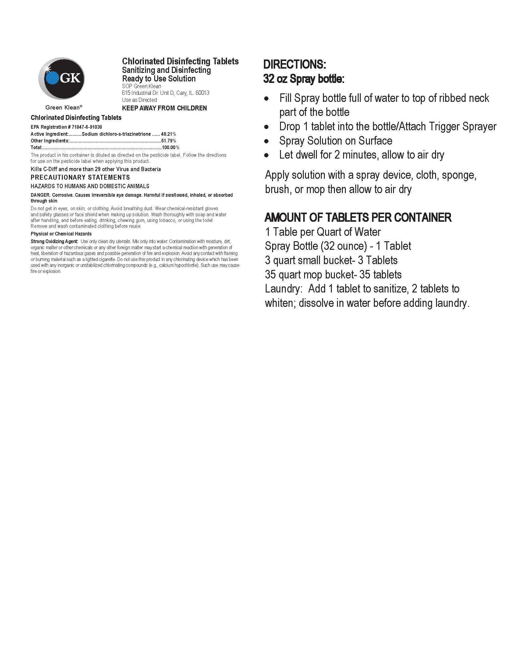 GK Chlorinated Tablets Label, Each