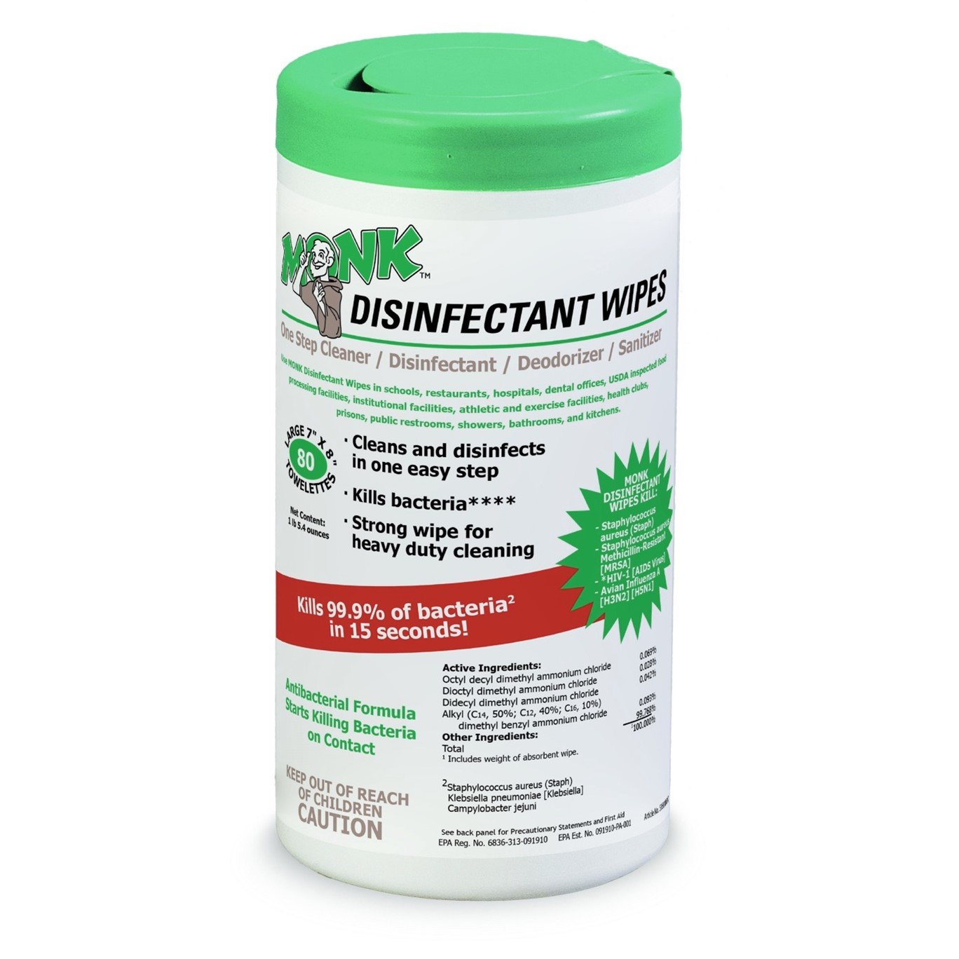 Monk Disinfectant Wipes, 80/Tub, 6/Case - mastersupplyonline