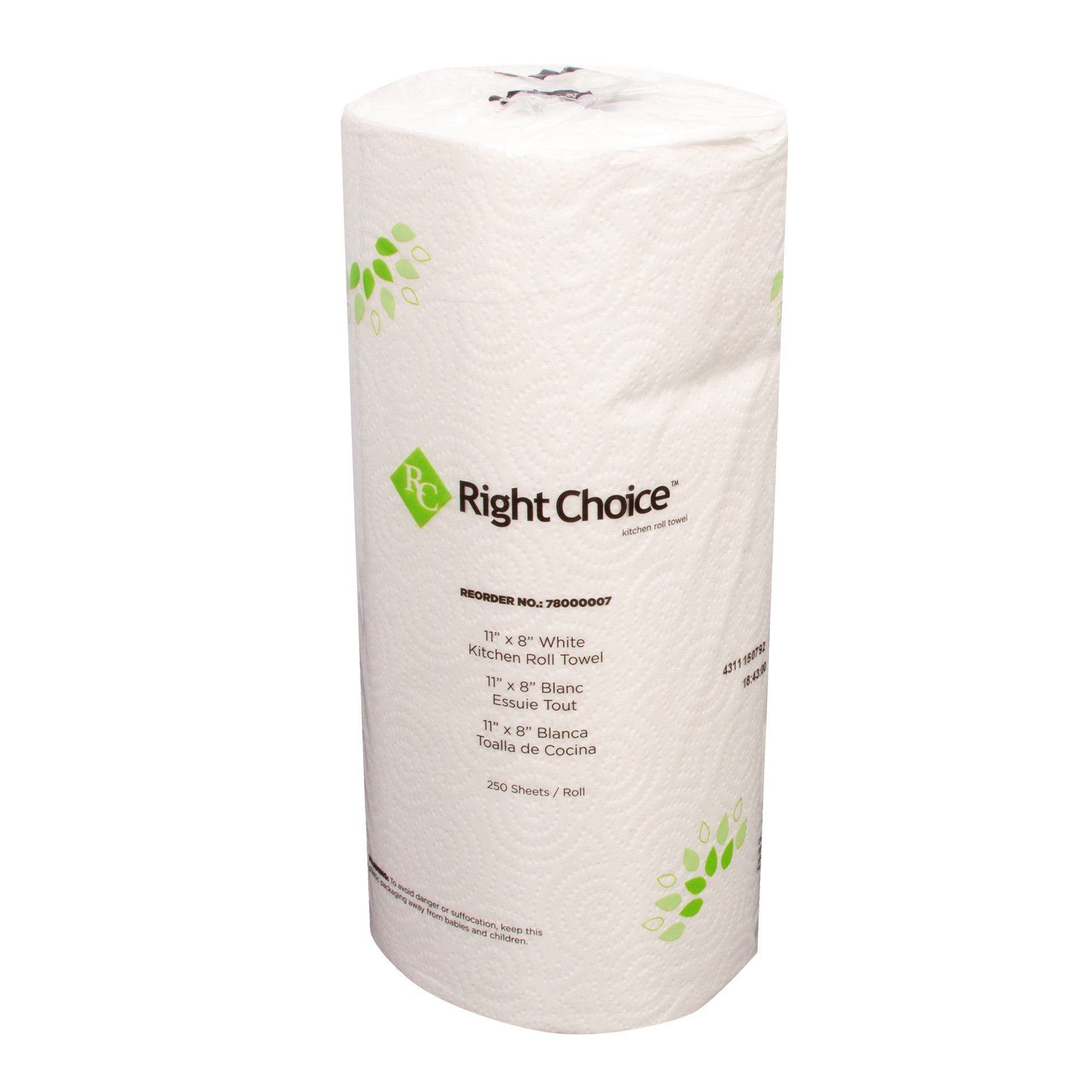 Right Choice Kitchen Roll Paper Towel, 2-Ply, 250-Sheet, White, 11" x 8 ...