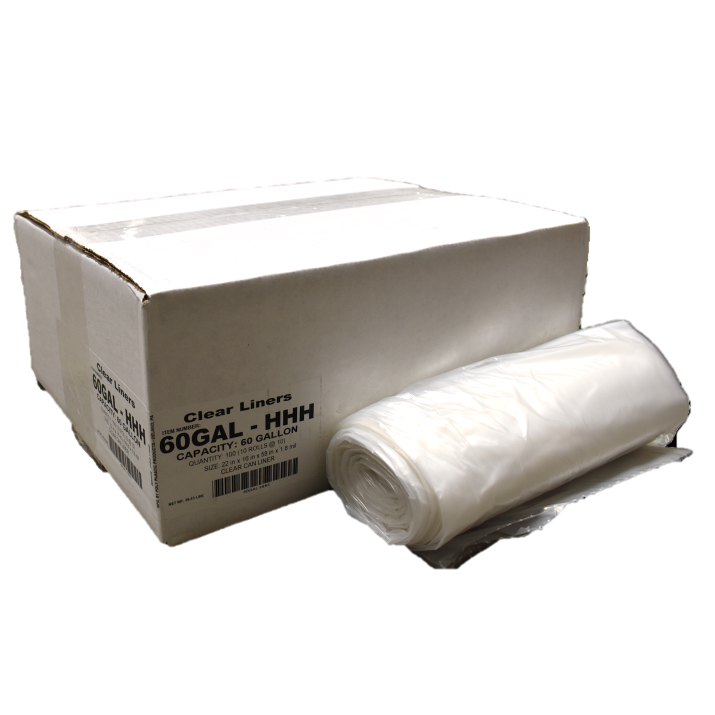 60 Gallon Clear Trash Bag, 38" x 58", 2 Mil Eq, Low Density, 100/Case ...