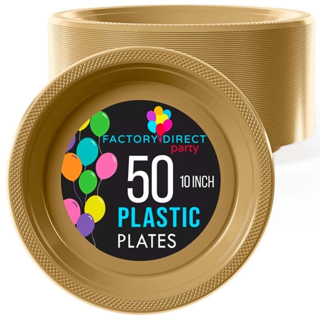10" Round Plastic Dinner Plates, Gold, 50/Pack - mastersupplyonline
