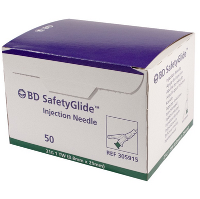 Safety Hypodermic Needle SafetyGlideTM 1 Inch Length 21 Gauge Thin Wall ...