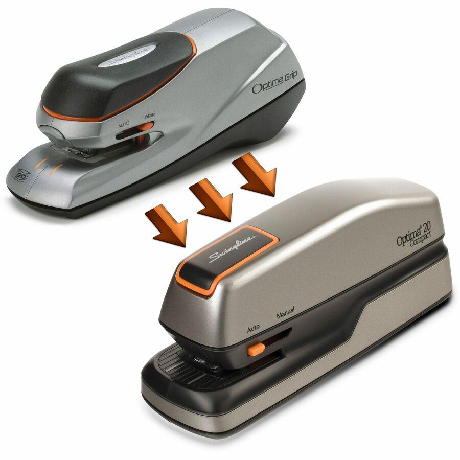 Swingline Optima Grip Electric Stapler 20 Sheets Capacity 105 Staple Capacity Half Strip 1 4 Staple Size 4 x AA Batteries Battery Included Silver Black ICC Business Products